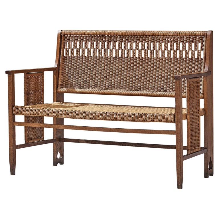 Arts and Crafts Bench in Oak and Cane For Sale at 1stDibs