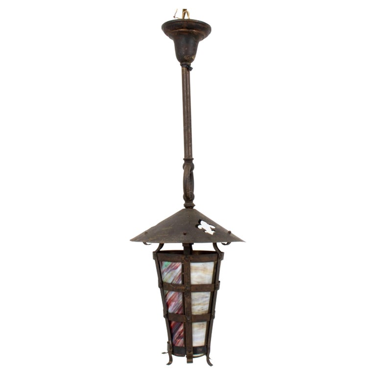 Arts and Crafts Brass and Slag Glass Hall Lantern For Sale at 1stDibs