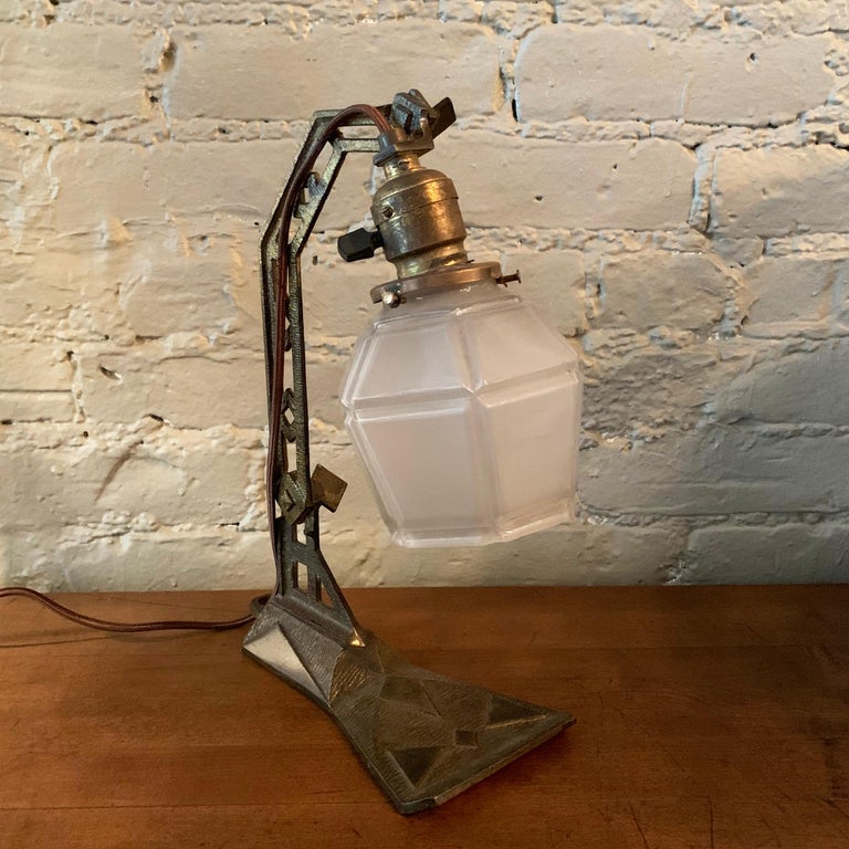 Arts and Crafts Cast Iron Table Lamp with Frosted Glass Shade For Sale ...