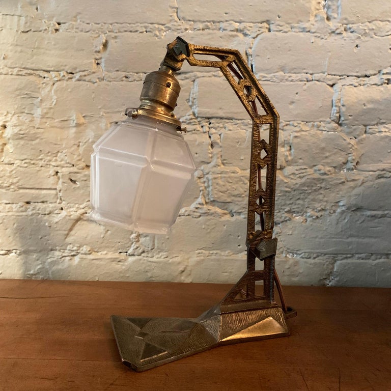 Arts and Crafts Cast Iron Table Lamp with Frosted Glass Shade For Sale ...