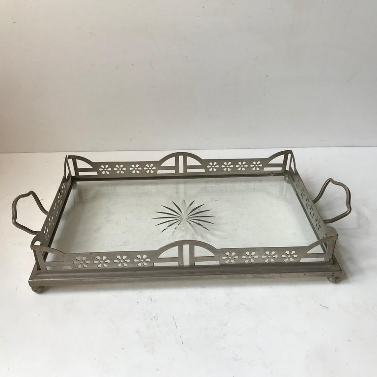 Arts and Crafts Cocktail Tray in Glass and White Metal For Sale at 1stDibs