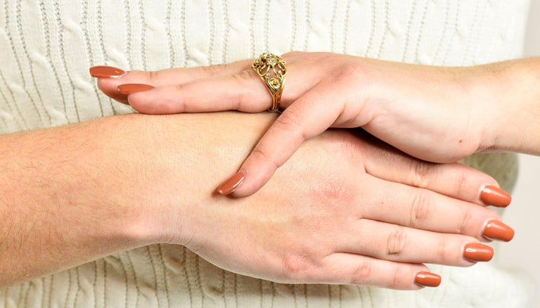 Arts and Crafts Diamond 18 Karat Gold Foliate Filigree Band Ring at 1stDibs