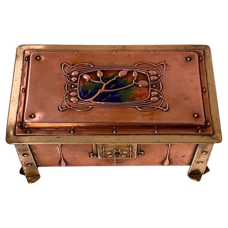 Arts and Crafts Enamel Copper Brass Box, circa 1900 at 1stDibs