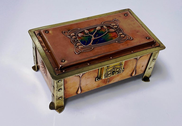 Arts and Crafts Enamel Copper Brass Box, circa 1900 at 1stDibs