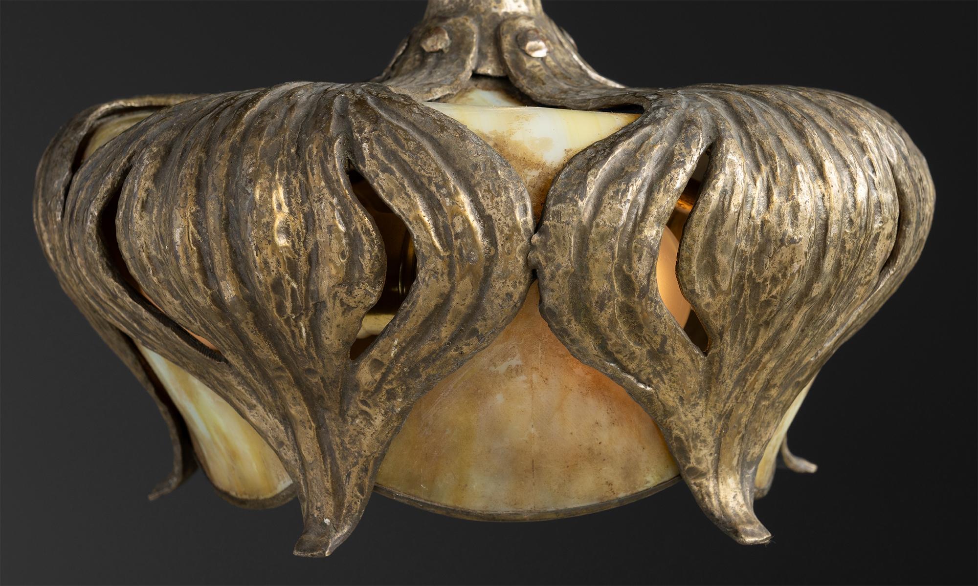 Arts and Crafts Gilt Metal and Slag Glass Hanging Light, America circa ...
