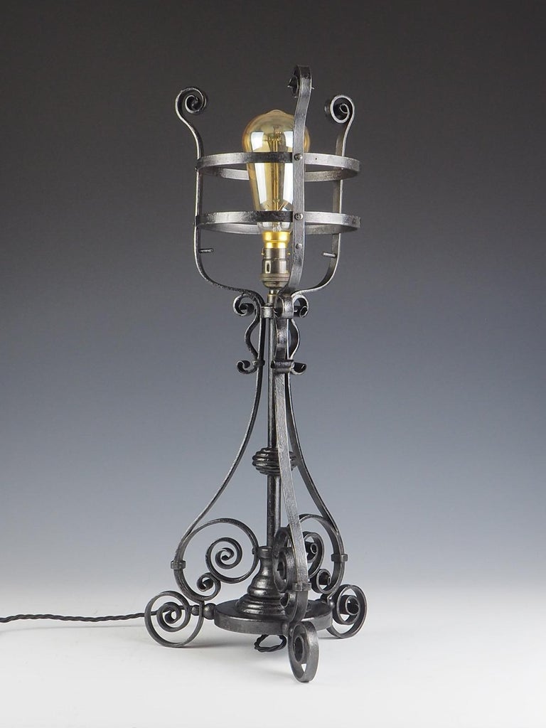 Arts and Crafts Hand Fordged Wrought Iron Table Lamp For Sale at 1stDibs