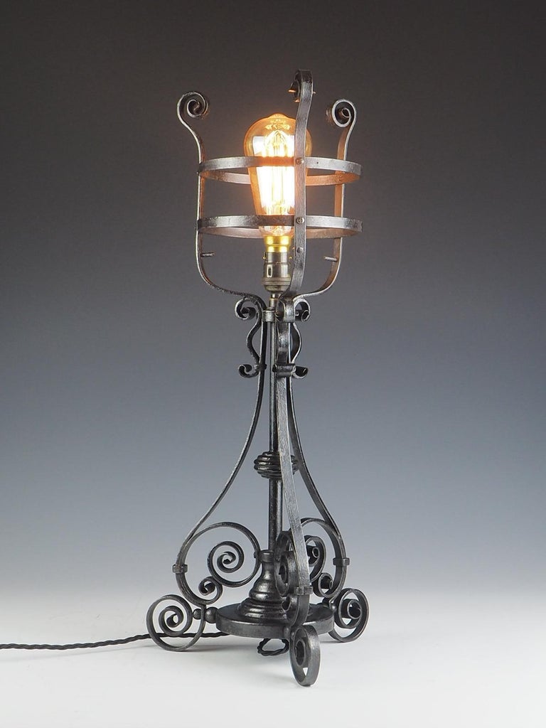 Arts and Crafts Hand Fordged Wrought Iron Table Lamp For Sale at 1stDibs
