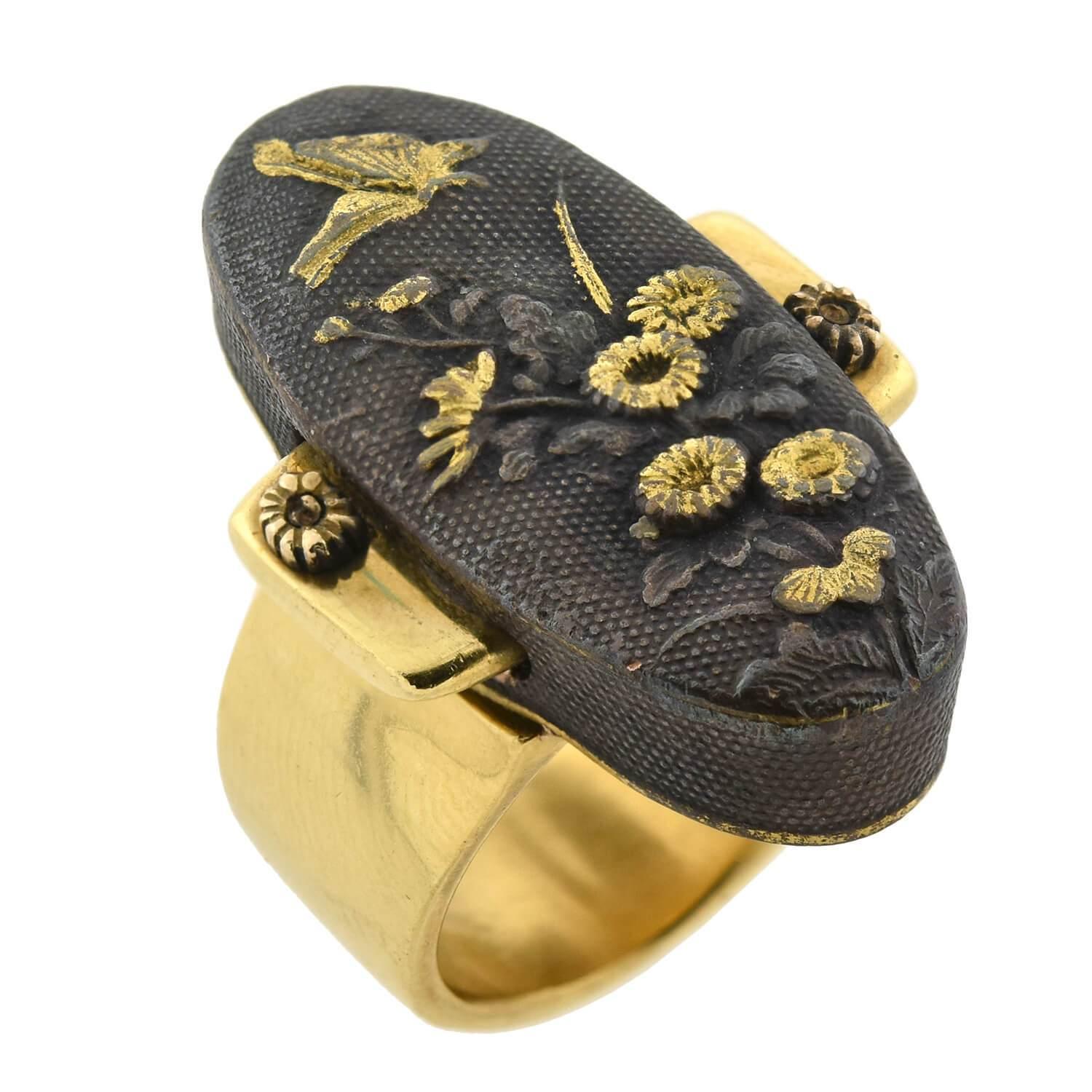 Arts and Crafts Large Shakudo Plaque Ring with Flower and Butterfly ...
