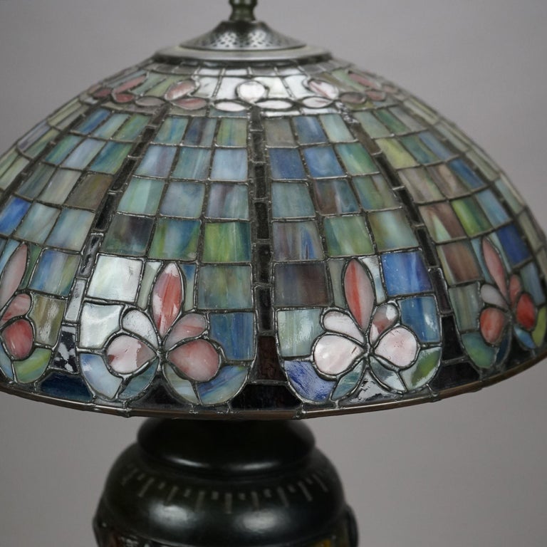 Arts and Crafts Leaded Glass Table Lamp with Jeweled Glass Base 20th C ...