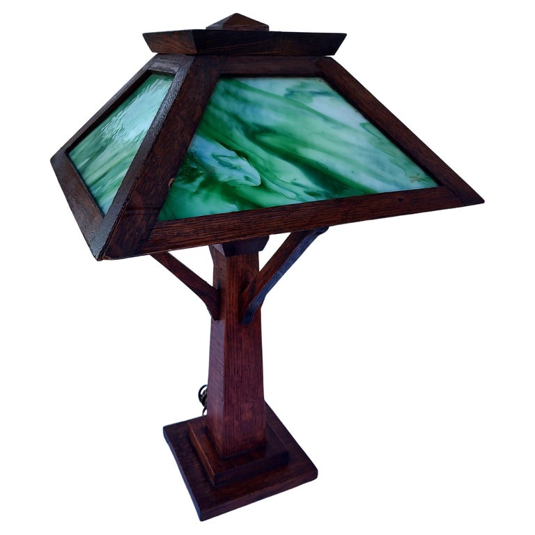 Arts and Crafts Mission Oak Table Lamp with Green Slag Glass at 1stDibs