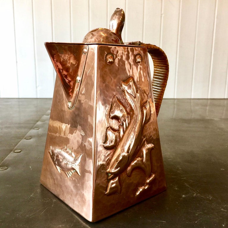 Arts and Crafts Newlyn Copper Water Jug with Repousse Fish Decoration ...
