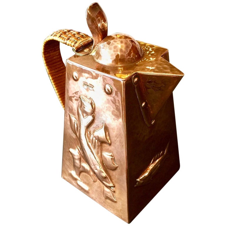 Arts and Crafts Newlyn Copper Water Jug with Repousse Fish Decoration ...