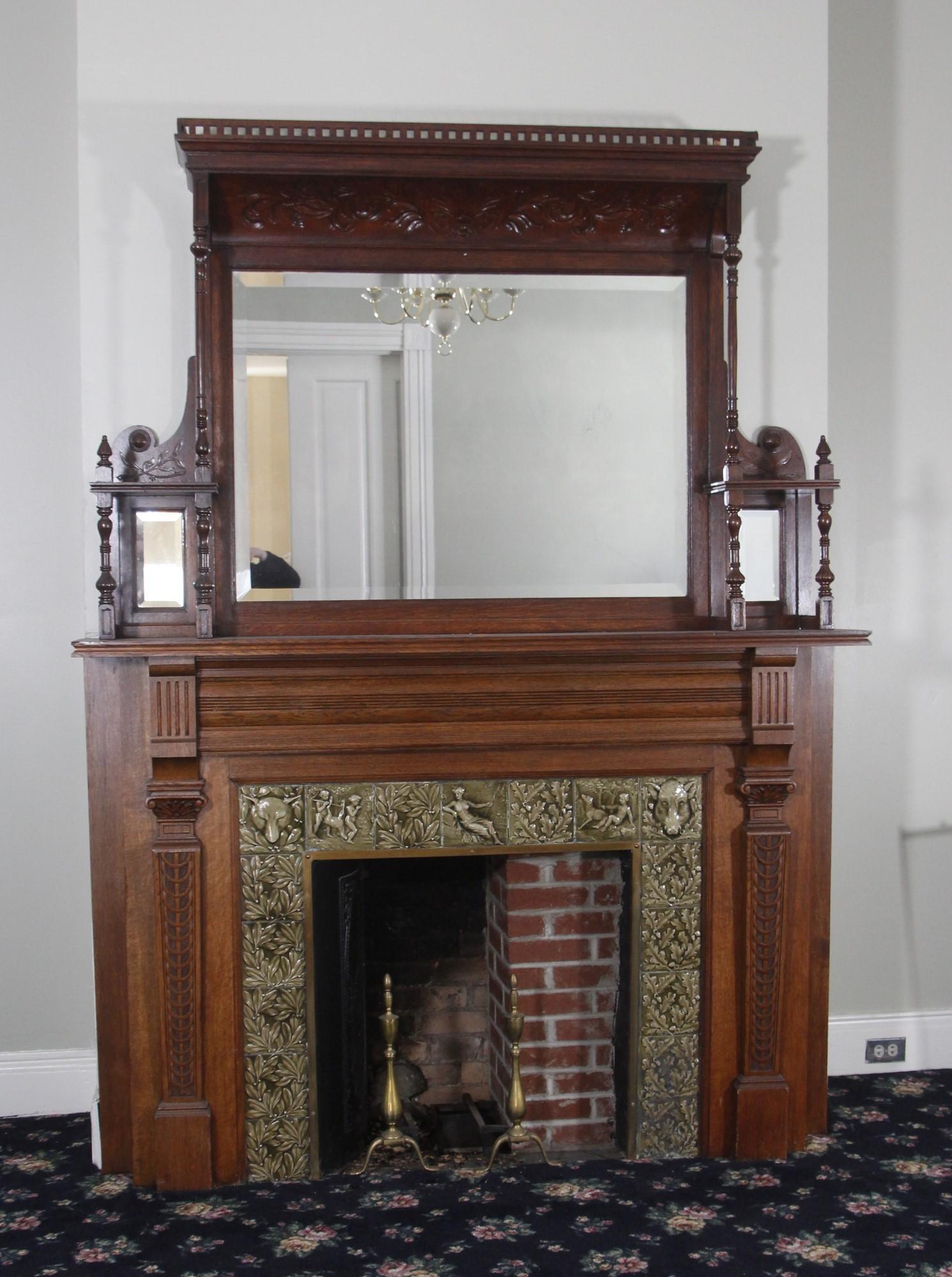 Arts and Crafts Oak Mantel with Ornate Carved Detail and Beveled ...