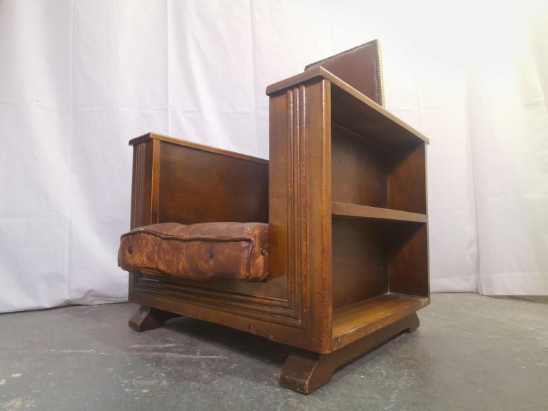 Arts and Crafts Oak Reading Armchair with Magazine Rack and Bookshelves ...