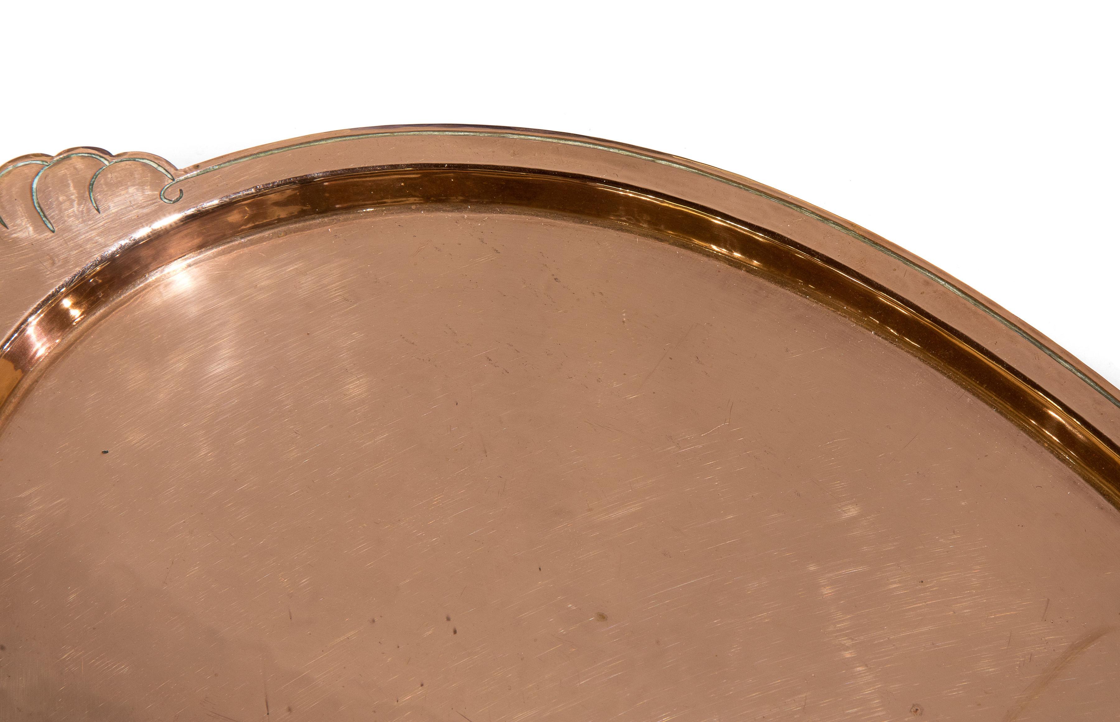Arts and Crafts Oval Copper Tray with Planished Surface and Scallop ...