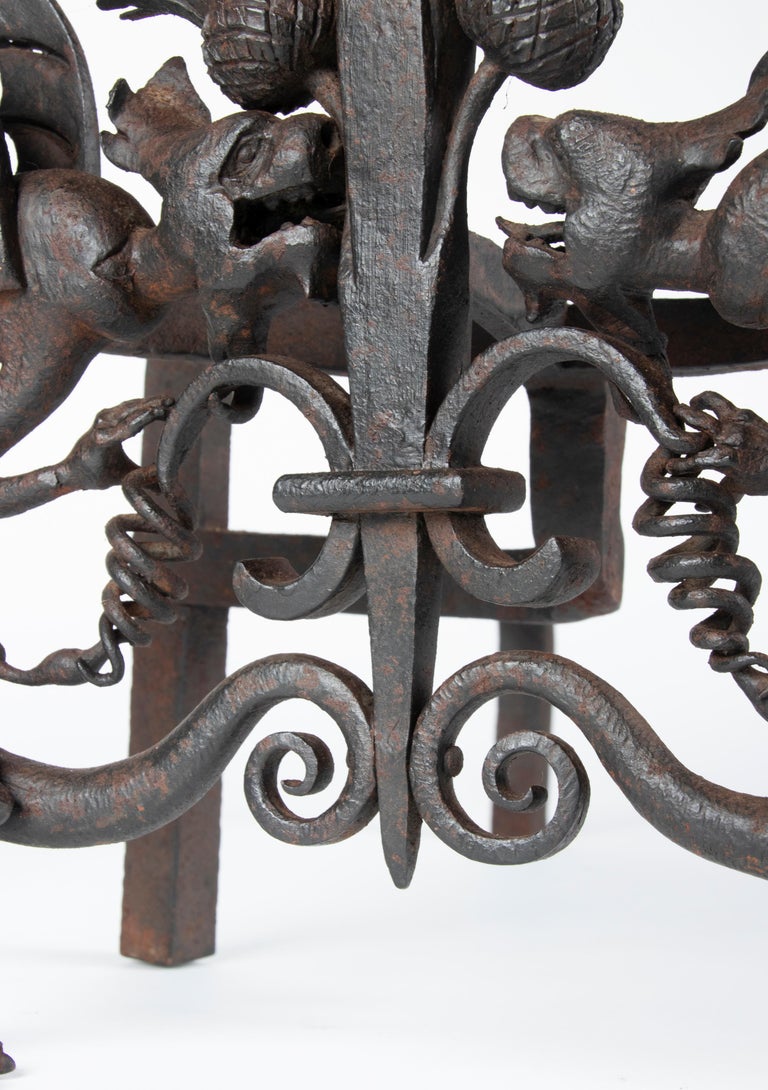 Arts and Crafts Samuel Yellin Style Wrought Iron Dragon Andirons or ...