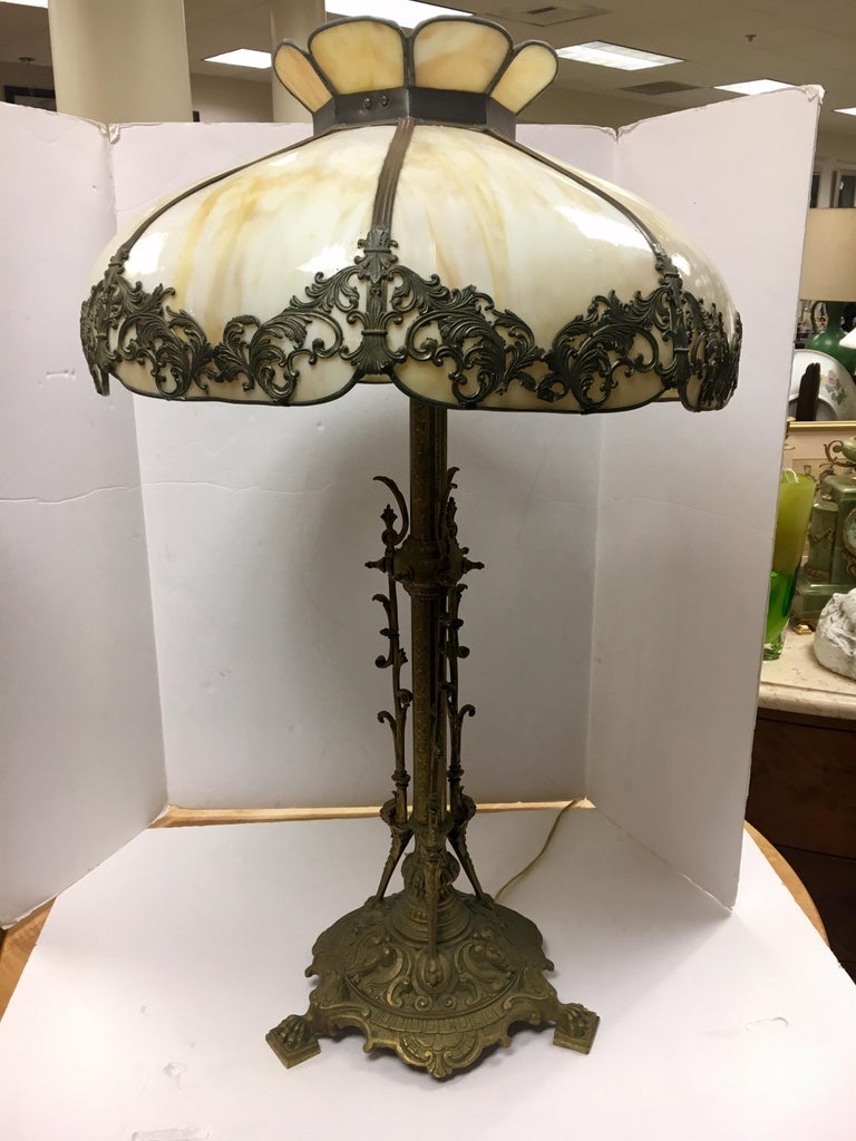 Arts and Crafts Sculpted Slag Glass Tiffany Style Table Lamp at 1stDibs