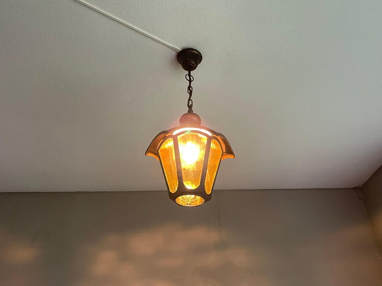 Arts and Crafts Style Brass and Cathedral Glass Entry Hall Pendant ...