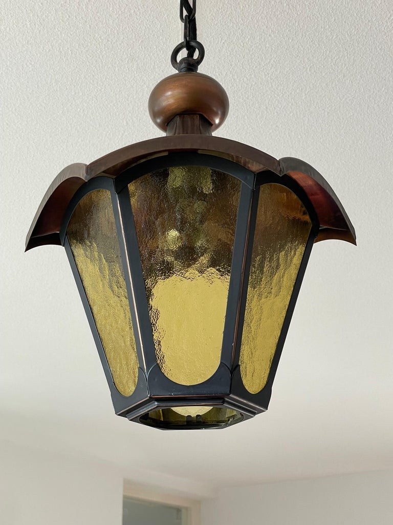 Arts and Crafts Style Brass and Cathedral Glass Entry Hall Pendant ...