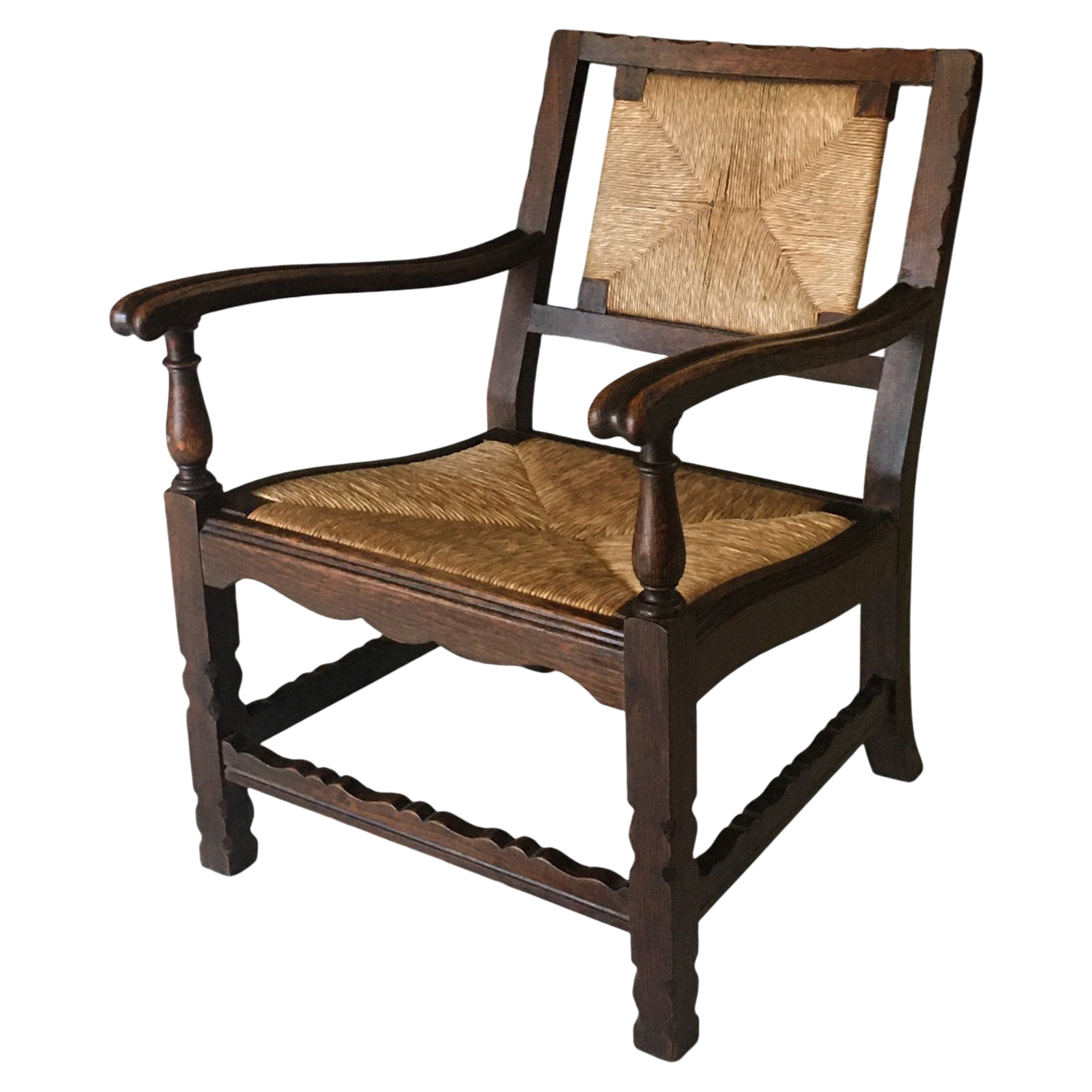 Arts and Crafts Style Design Oak and Rush Low Armchair, Belgium 1920's ...