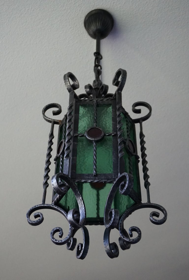 Arts and Crafts Style, Hand Forged Wrought Iron and Cathedral Glass ...
