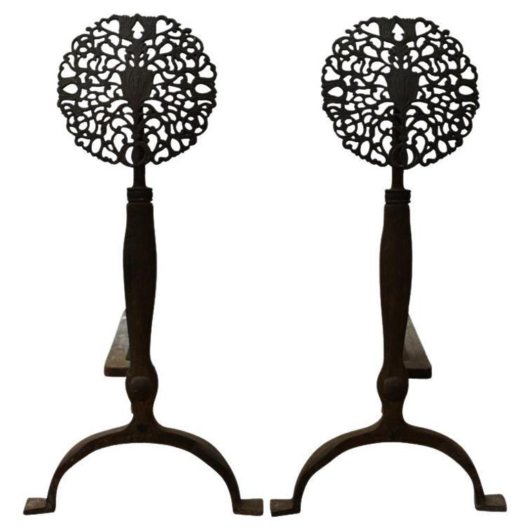 Arts and Crafts Style Tulip Design Medallion Cast Iron Andirons For ...