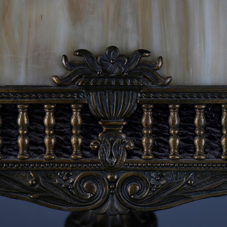 Arts and Crafts Two Toned Filigree Panel Slag Glass Table Lamp, circa ...