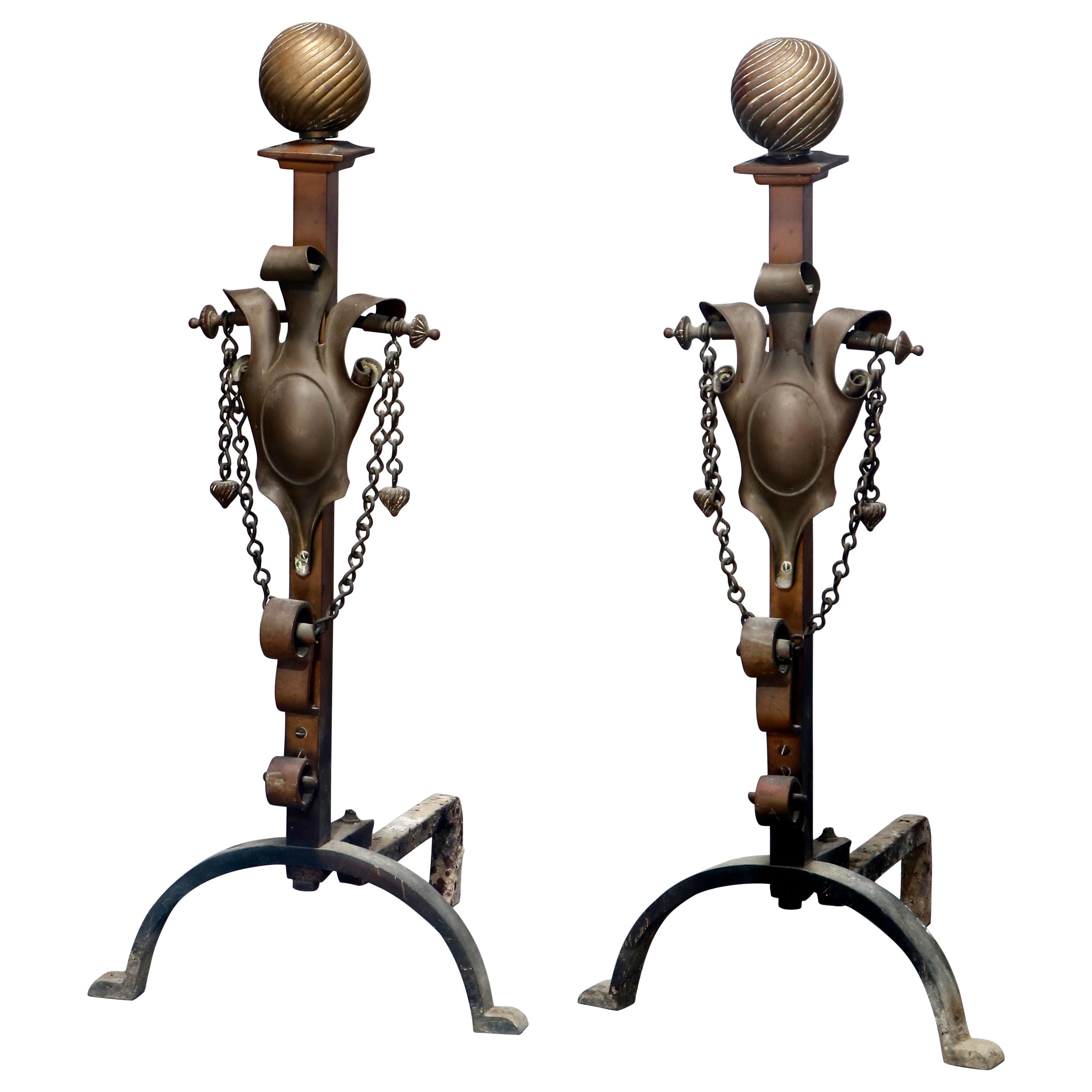 Pair of Modernist Wrought Iron and Brass Andirons, French, circa 1900 ...