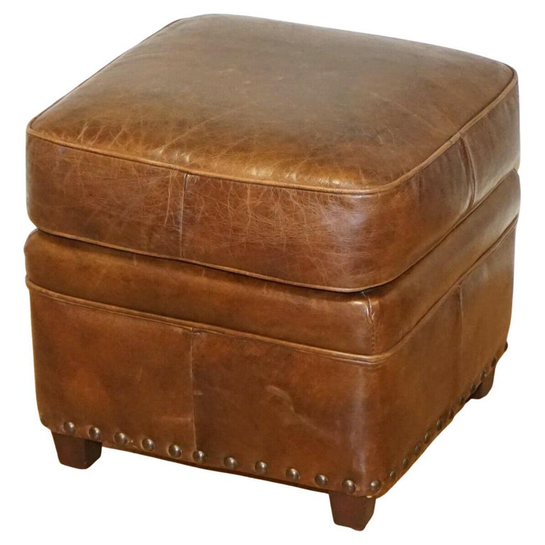 Artsome Coach House Vintage Brown Leather Footstool with Studs at 1stDibs