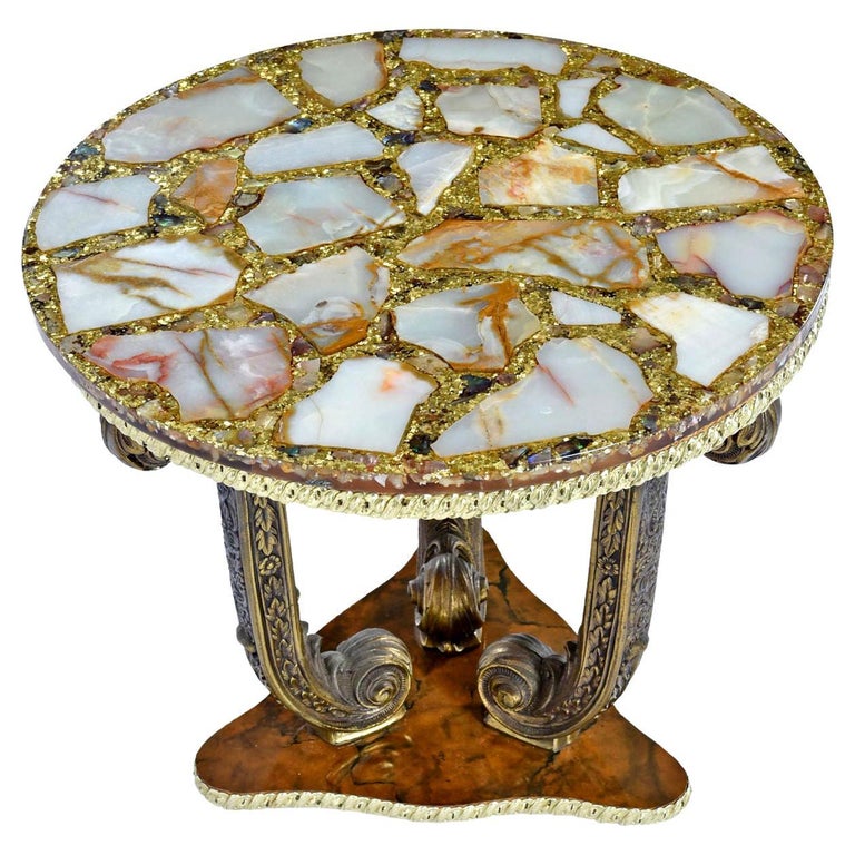 Arturo Pani Abalone Onyx and Gold Glitter Round Pedestal End Table at ...