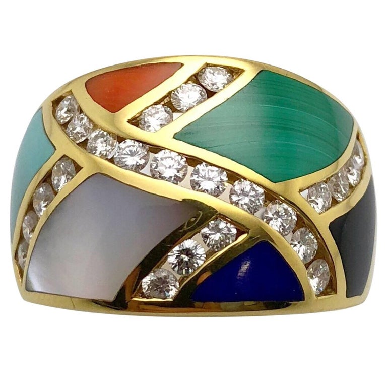 Asch Grossbardt 18 Karat Yellow Gold Ring with Diamonds and Inlaid ...