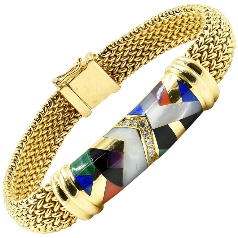 Asch Grossbardt Diamond Inlay Panel Bracelet 14 Karat Yellow Gold at ...