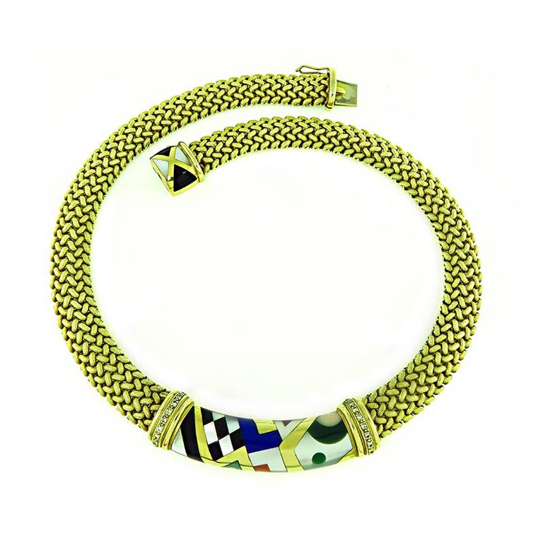 Asch Grossbardt Diamond Multi Gemstone Inlay Gold Necklace For Sale at ...