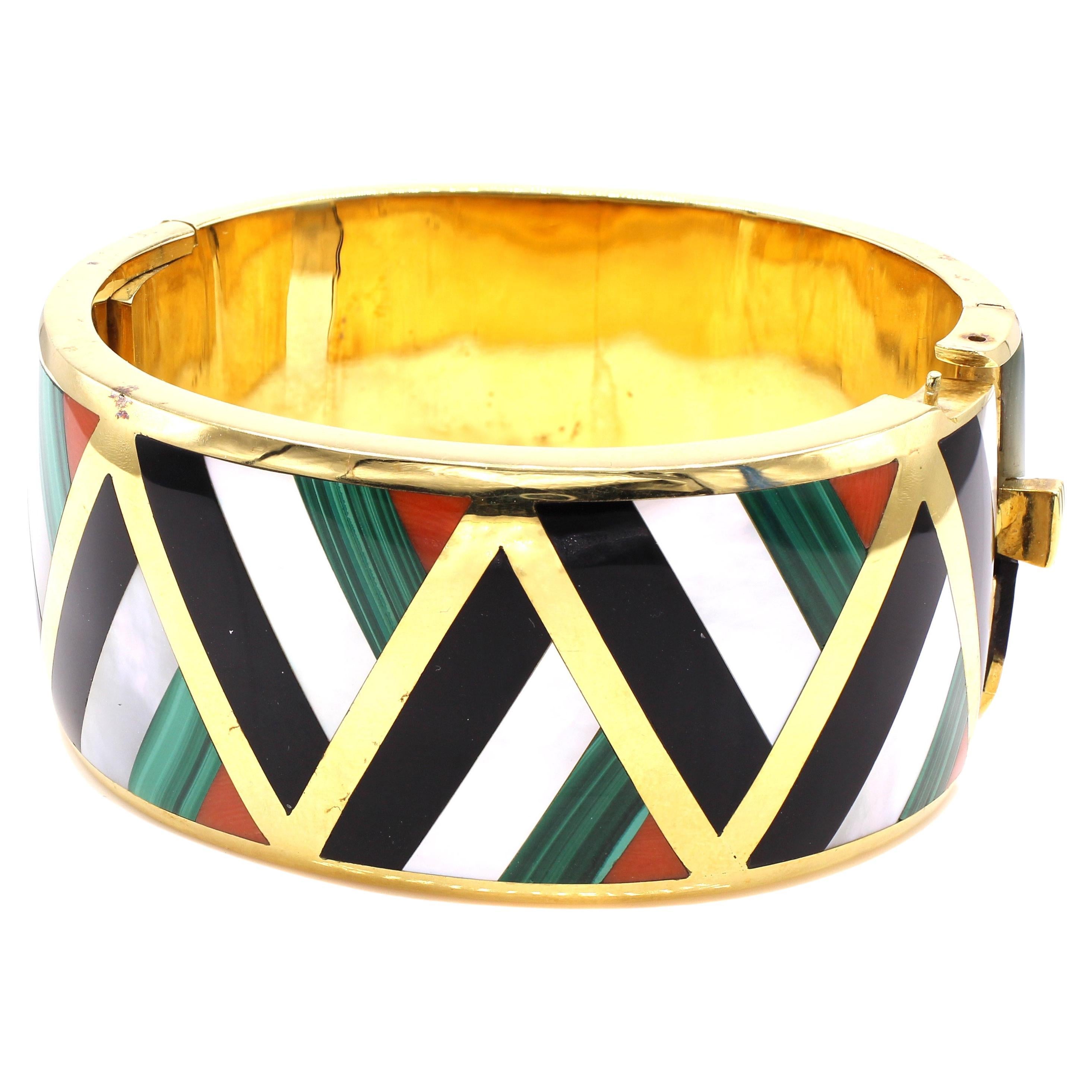 Asch Grossbardt Gem Stone Inlaid 18 Karat Yellow Gold Bangle Bracelet ...