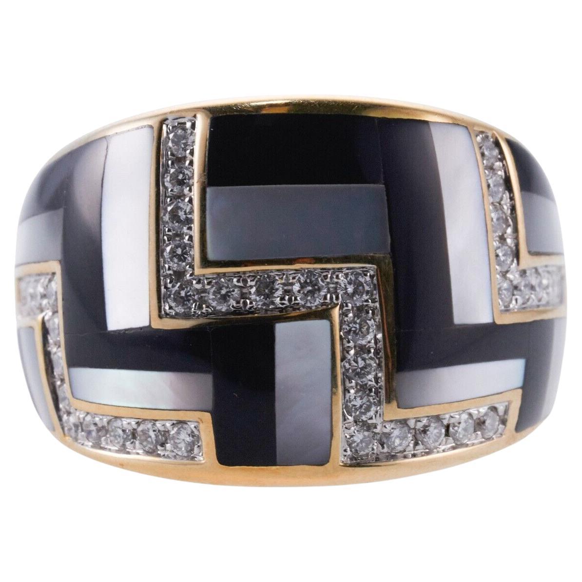 Asch Grossbardt Inlay Mother of Pearl Onyx Diamond Gold Ring For Sale ...