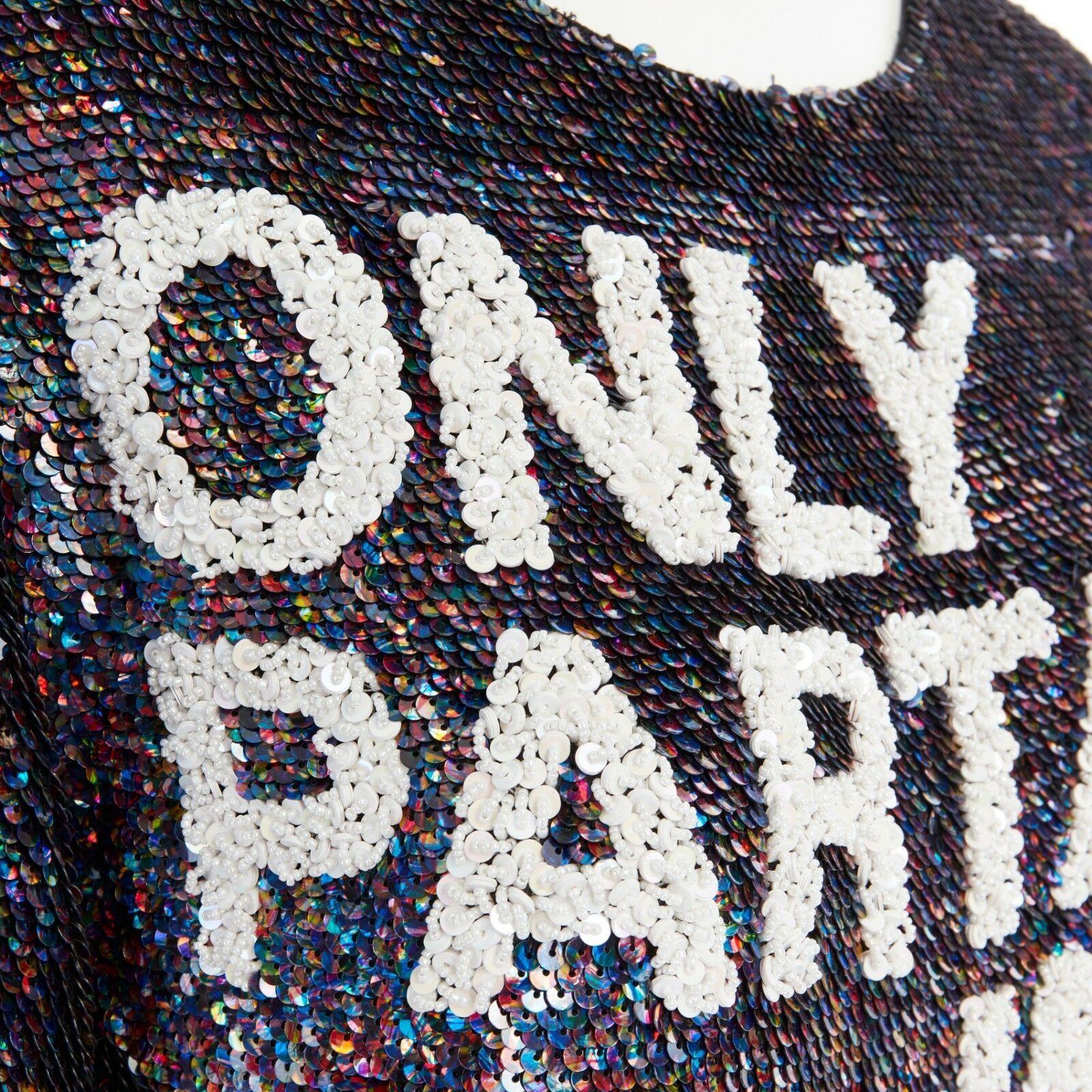 ASHISH iridescent blue sequins white bead embroidered slogan boxy top S ...