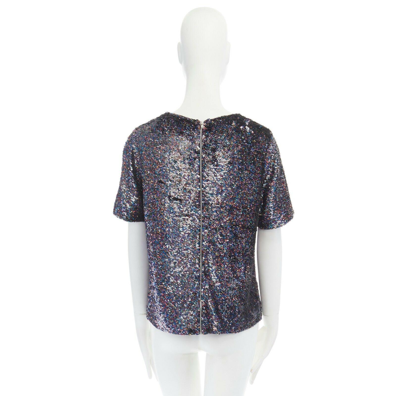 ASHISH iridescent blue sequins white bead embroidered slogan boxy top S ...