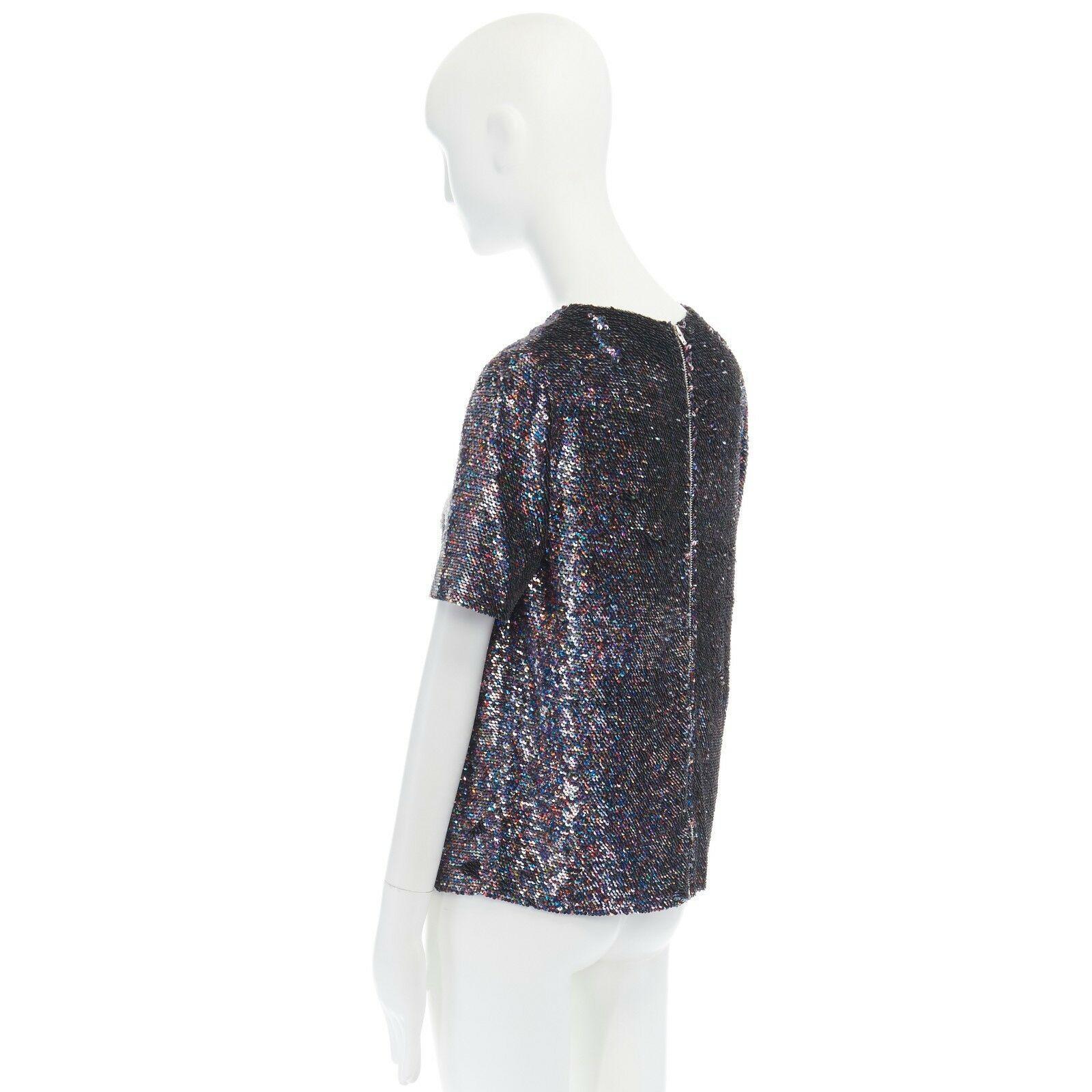 ASHISH iridescent blue sequins white bead embroidered slogan boxy top S ...