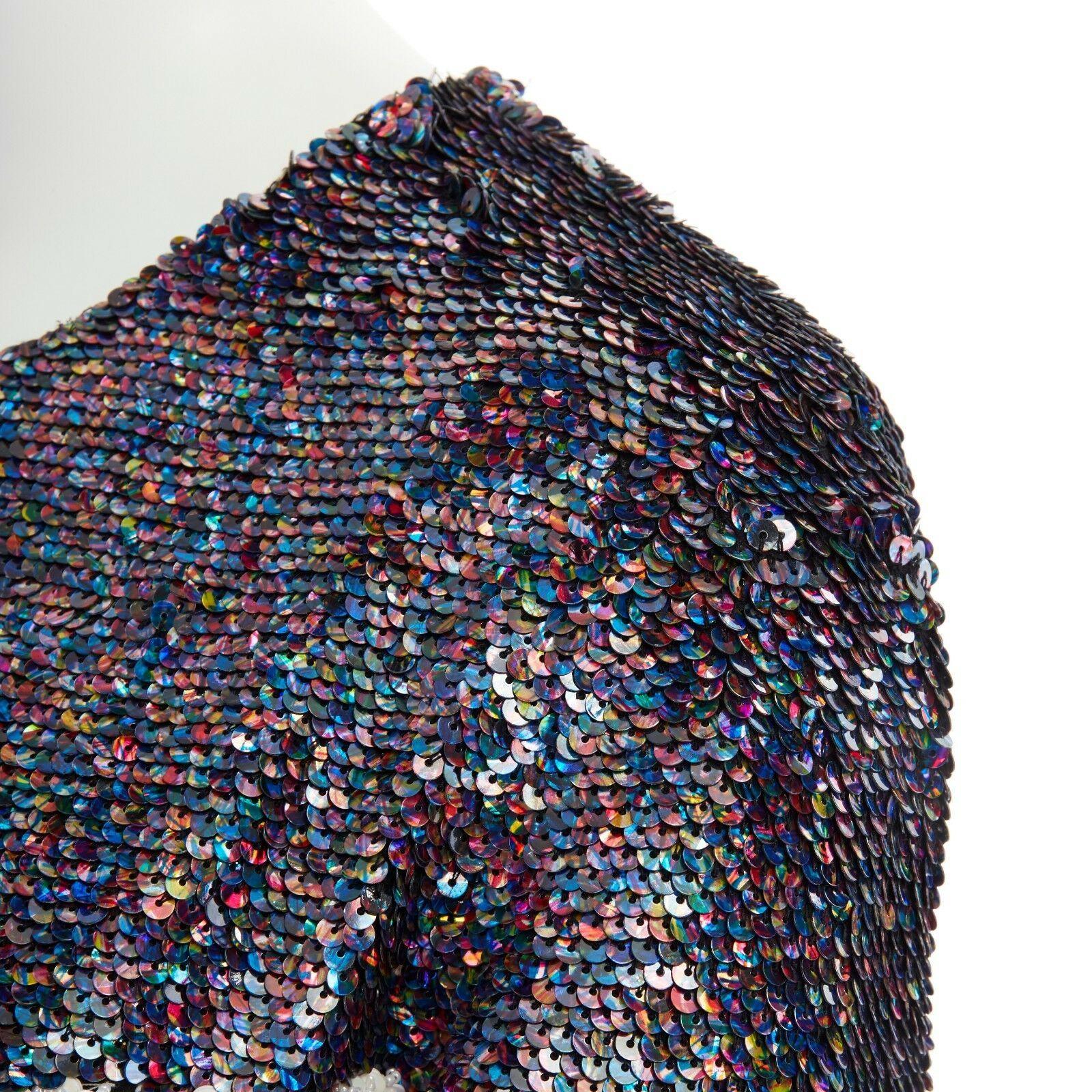 ASHISH iridescent blue sequins white bead embroidered slogan boxy top S ...