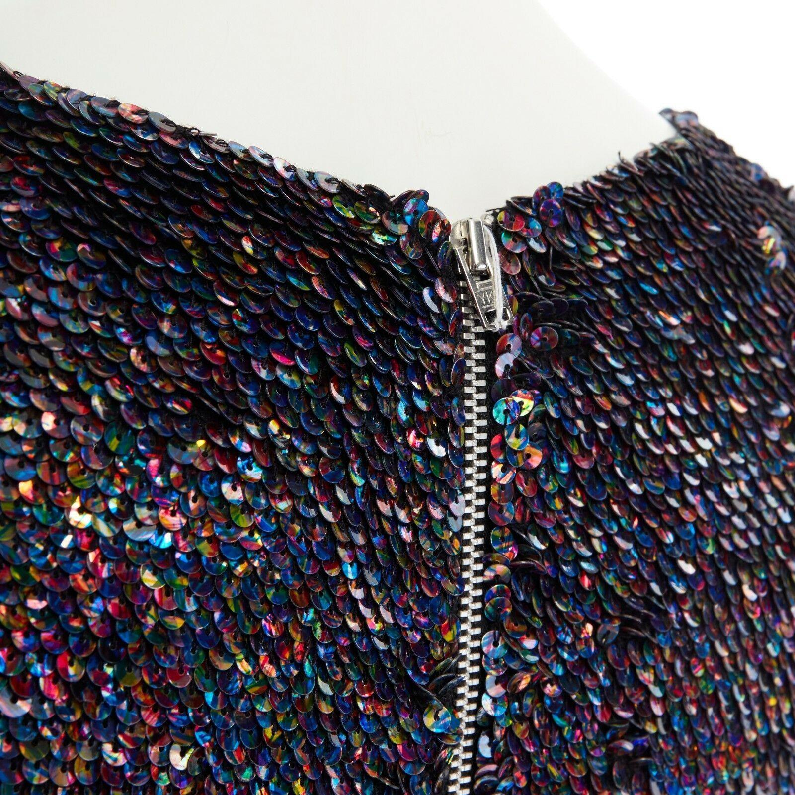ASHISH iridescent blue sequins white bead embroidered slogan boxy top S ...