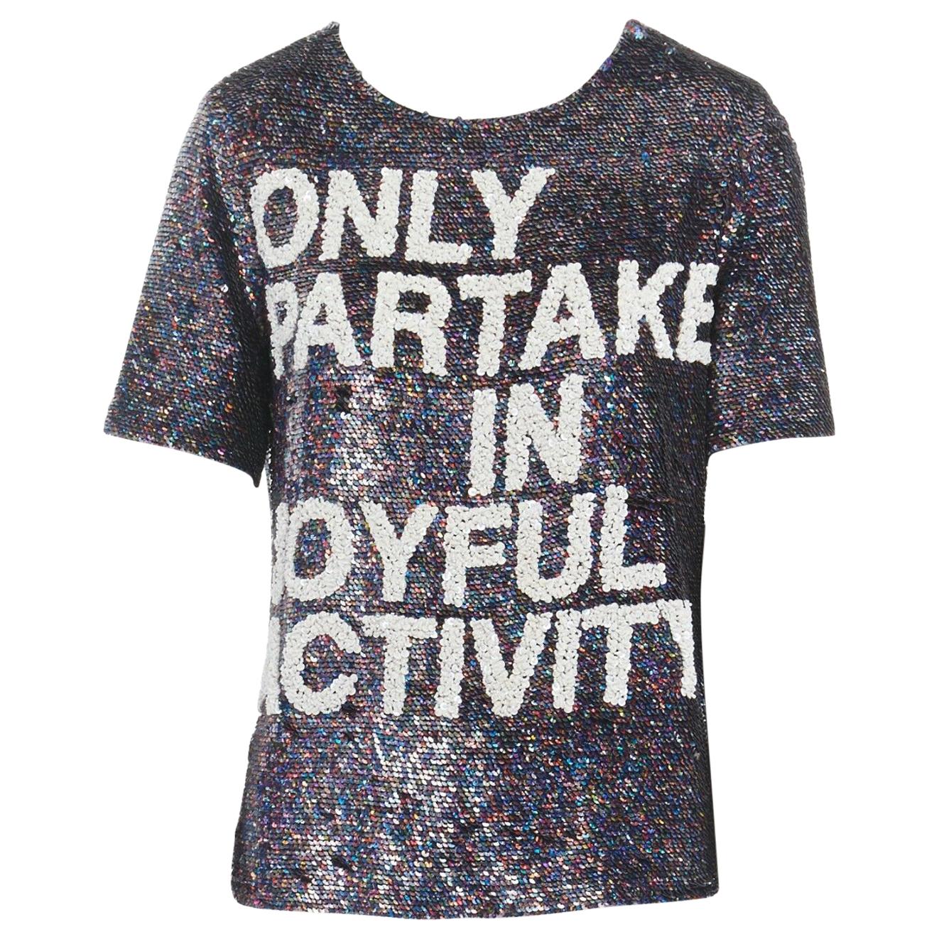 ASHISH iridescent blue sequins white bead embroidered slogan boxy top S ...