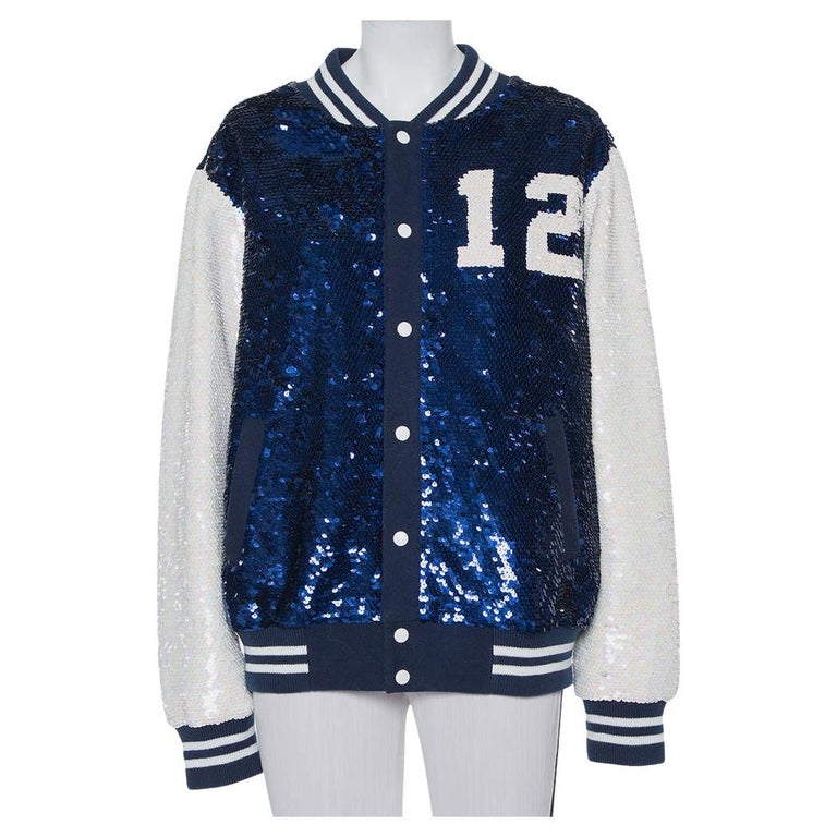 Ashish Navy Blue and White Sequin Embellished Button Front Jacket M For ...