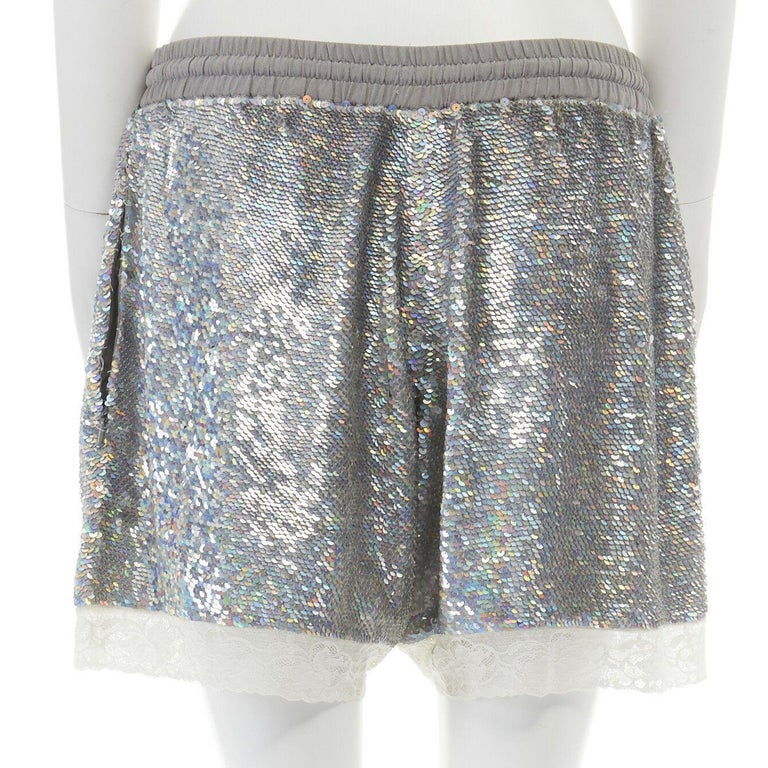 ASHISH silver iridescent sequins white lace hem drawstring cotton ...