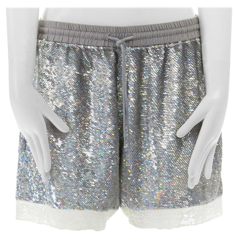 ASHISH silver iridescent sequins white lace hem drawstring cotton ...