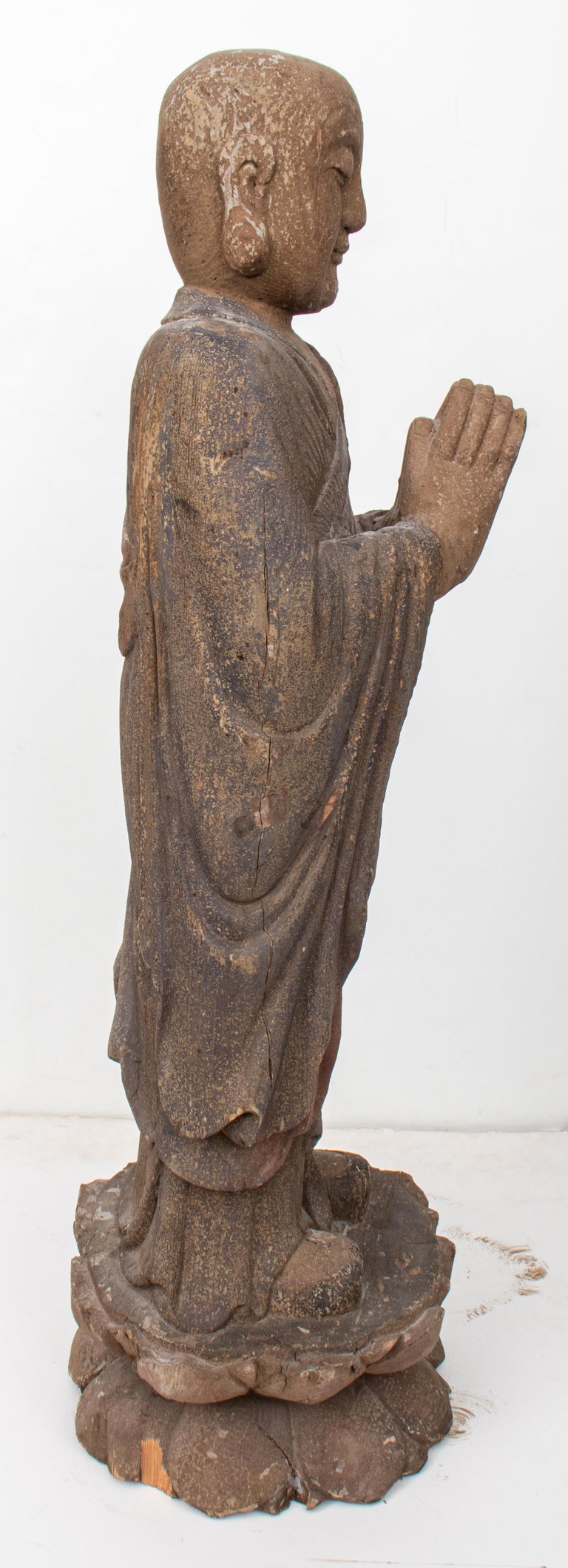 Asian Buddhist Monk Painted Wood Statue For Sale at 1stDibs