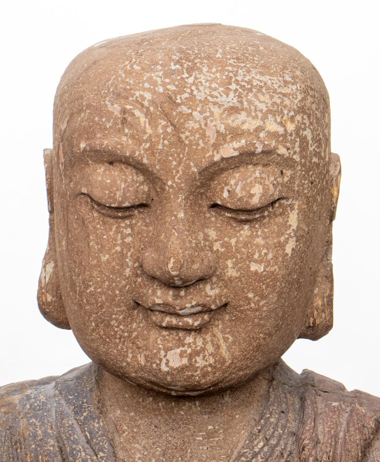 Asian Buddhist Monk Painted Wood Statue For Sale at 1stDibs