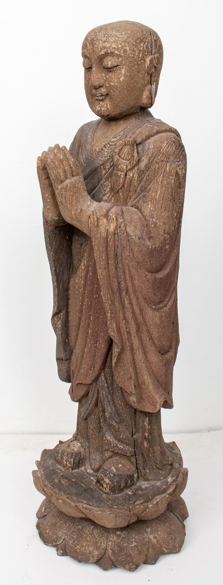 Asian Buddhist Monk Painted Wood Statue For Sale at 1stDibs