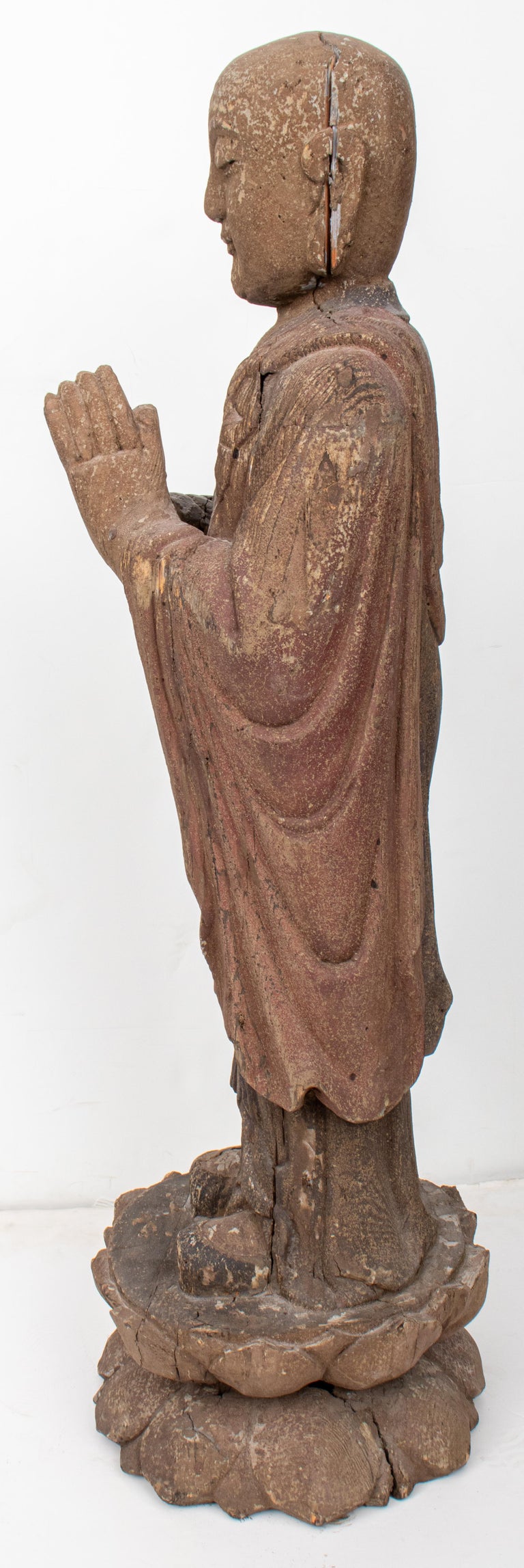 Asian Buddhist Monk Painted Wood Statue For Sale at 1stDibs