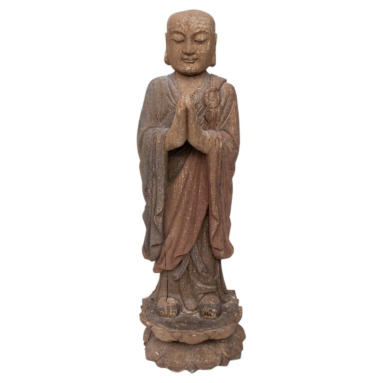 Asian Buddhist Monk Painted Wood Statue For Sale at 1stDibs