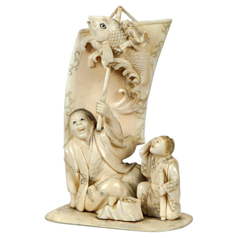 Asian Carved Bone Figure Grouping of Man Telling a Fish Tale, 20th C ...